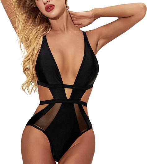 Cocopeaunt Women Summer One Piece Deep V Swimsuit Black Sexy Cut Out