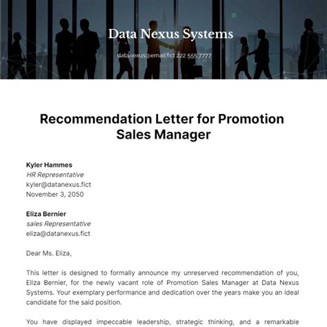Free Recommendation Letter For Promotion Sales Manager Template To Edit Online