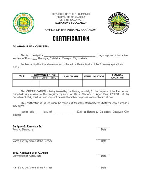 Certification Land Republic Of The Philippines Province Of Isabela City Of Cauayan Barangay