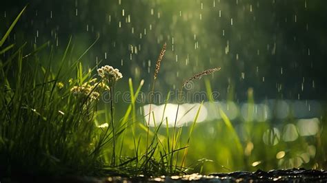Closeup Of A Grass Field On A Deep Raining Afternoon Stock Illustration