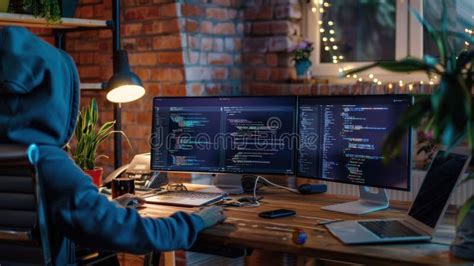 The Coder With Dual Monitors Ai Generated Stock Image Image Of Internet Screen 373236331