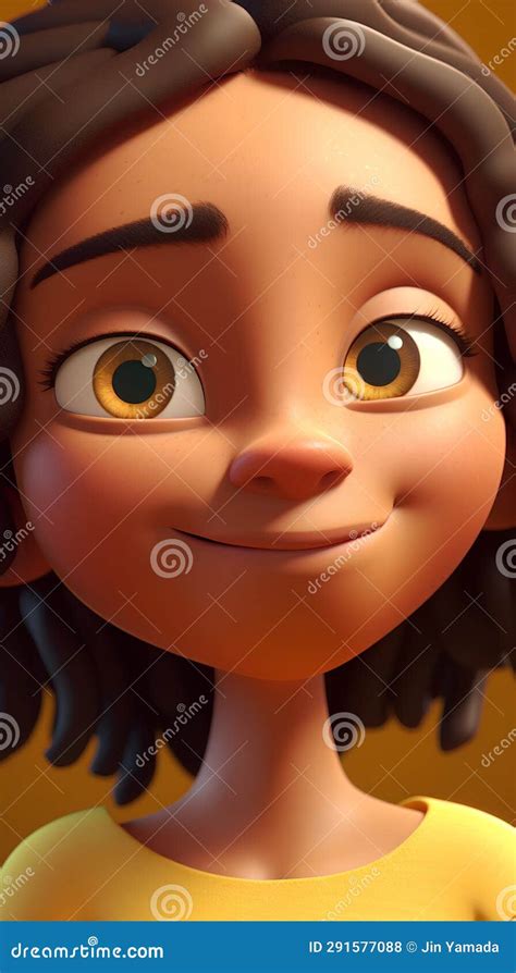 Cute Cartoon Girl With Brown Hair And Big Eyes 3d Rendering Stock