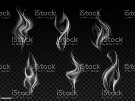 사실적인 연기 스트림 다른 모양은 스트림 소용돌이 3d 고립 된 투명 효과 곡선 파도 흐름 눈에 보이는 냄새 증발 및 불타는 흔적 담배 증기 벡터 세트 3차원 형태에 대한