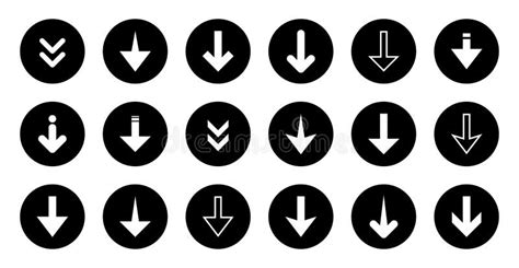 Down Arrow Icon Set Collection On Black Circle Decrease Concept Stock