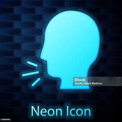 벽돌 벽 배경에 고립 된 빛나는 네온 남자 기침 아이콘 바이러스 감염 인플루엔자 독감 감기 증상 결핵 유행성 이하선염 백일해 벡터 가공의 인물에 대한 스톡 벡터 아트 및