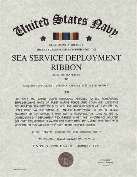 Navy Marine Corps Sea Service Deployment Ribbon Certificate