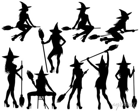 Silhouettes Of Halloween Witches In Standing Sitting Poses And • Wall