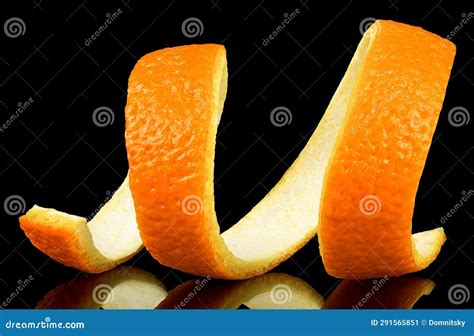 Orange Peel In Spiral Form On Black Background Citrus Zest Stock Image