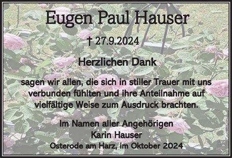 Traueranzeigen Von Eugen Paul Hauser Harztrauer De