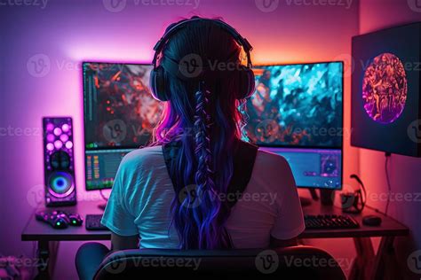 Girl In Headphones Plays A Game On The Big Tv Screen Gamer With A Joystick Neural Network