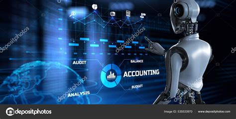 Accounting business process automation RPA concept. Robot pressing button on screen 3d render ...