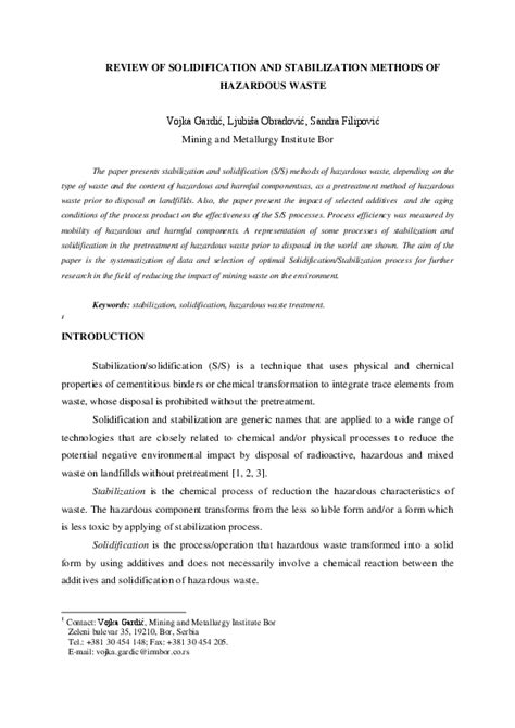 Pdf Review Of Solidification And Stabilization Methods Of Hazardous Waste