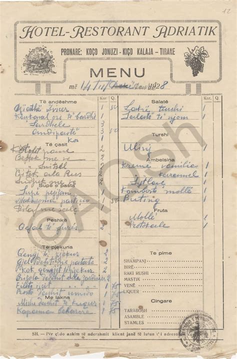 Menuja E Restorant Adriatik 1928 R Albania