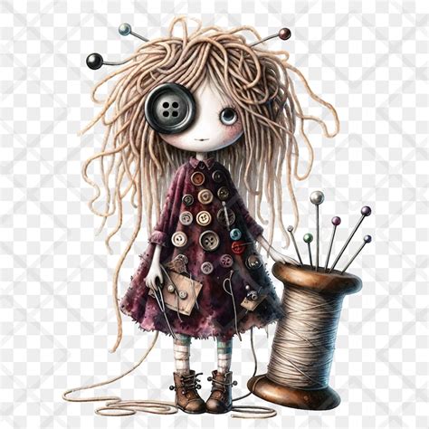 Spool Girl Png Clipart Creepy Sewing Doll Clipart Thread And Button Halloween Png Sublimation