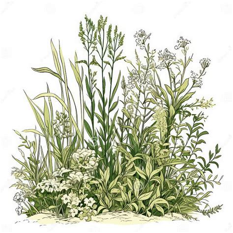 Drawing Of Wild Flowers And Grasses On A White Background Stock