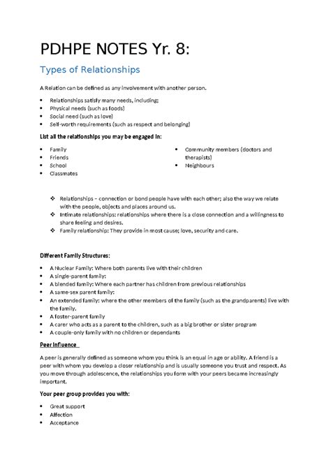 Pdhpe Yr8 Notes Pdhpe Notes Yr 8 Types Of Relationships A Relation Can Be Defined As Any