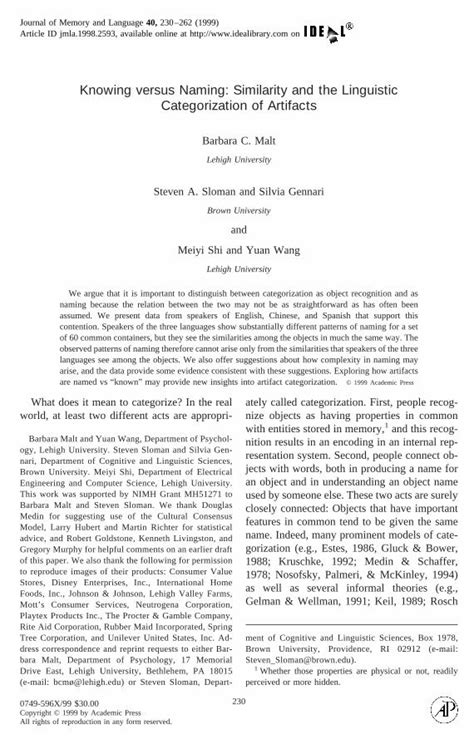 Pdf Knowing Versus Naming Similarity And The Linguistic