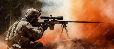 Premium Photo Military Sniper Aiming With Rifle During Combat