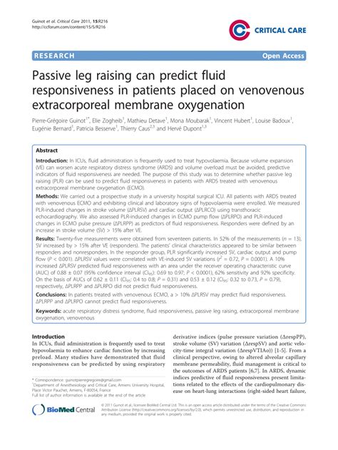 Pdf Passive Leg Raising Can Predict Fluid Responsiveness In Patients Placed On Venovenous