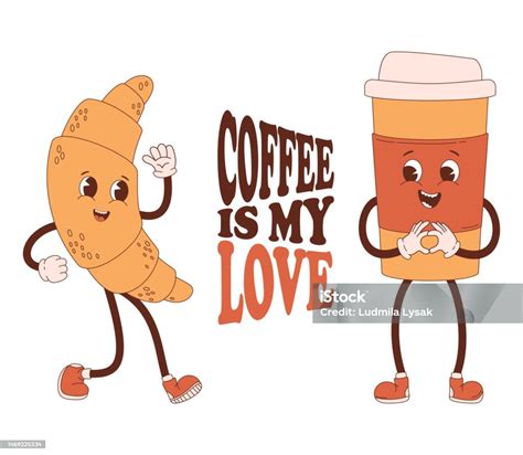 귀여운 복고풍 캐릭터 종이컵 테이크 아웃과 크로와상에 시원한 커피 벡터 그림입니다 재미있는 마스코트 음료와 음식 향수를 불러 일으키는 스타일의 트렌디 한 커플 커피는 내