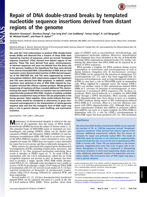 Pdf Repair Of Dna Double Strand Breaks By Templated Nucleotide Sequence Insertions Derived