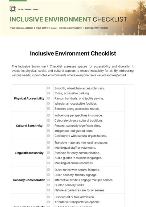 Free Inclusive Environment Checklist Template to Edit Online
