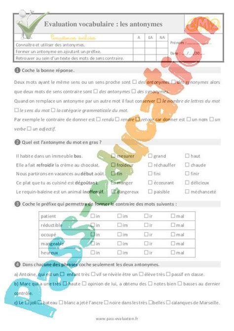 Les Antonymes Au Cm2 Evaluation Qcm Quiz Pdf à Imprimer Par Pass