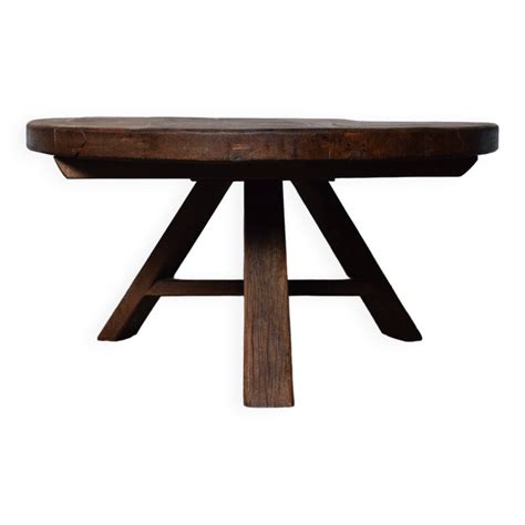 Table Basse Ronde Brutaliste Vintage Avec Trépied En Chêne France