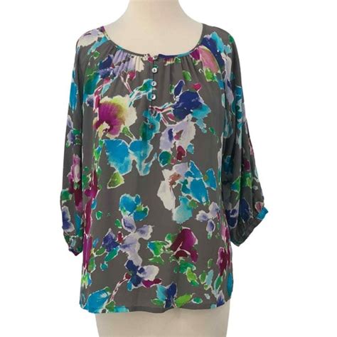 Tommy Bahama Womens Silk Blouse Gray Watercolorfloral Split 34 Sleeve