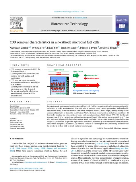 Pdf Cod Removal Characteristics In Air Cathode Microbial Fuel Cells Bruce Logan