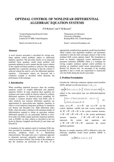 Pdf Optimal Control Of Nonlinear Differential Algebraic Equation Systems