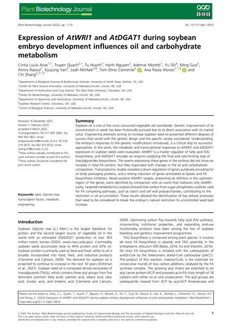 Pdf Expression Of Atwri1 And Atdgat1 During Soybean Embryo Development Influences Oil And
