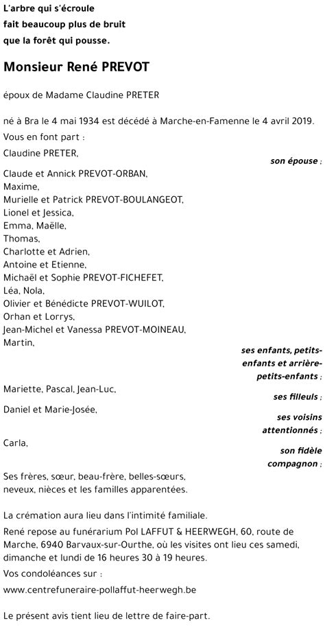 Avis De Décès De René Prevot Décédé Le 04042019 à Aye Annonce Condoléances Fleurs Etc