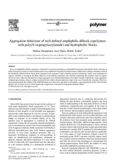 Pdf Aggregation Behaviour Of Well Defined Amphiphilic Diblock Copolymers With Polyn