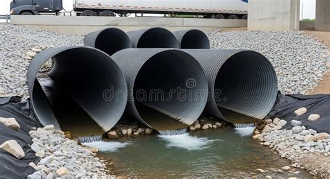 Large Corrugated Metal Culvert Pipes Draining Water Underneath An