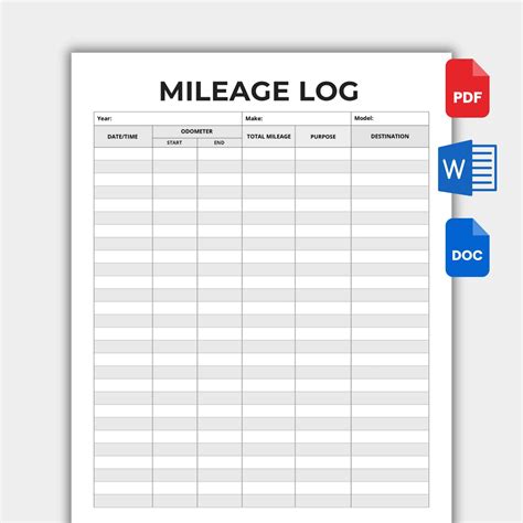 Printable Mileage Log Template Car Mileage Sheet Business Mileage