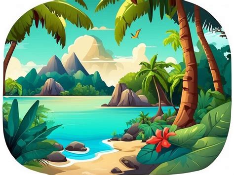A Cartoon Illustration Of A Tropical Island With A Tropical Island In