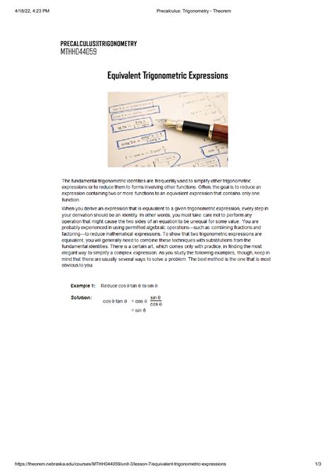 Solution Equivalent Trig Expressions Studypool