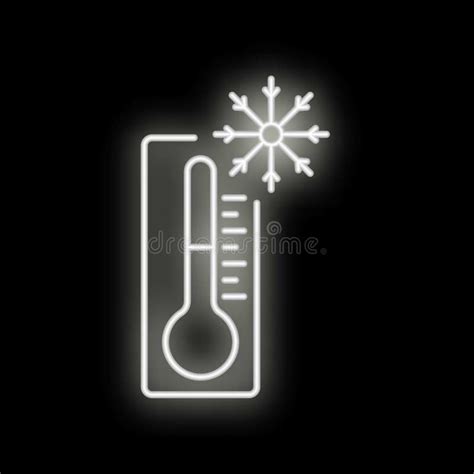 Neon Thermometer Showing Low Temperature With Snowflake Icon Stock