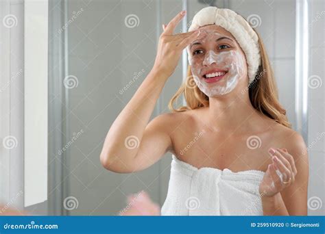 Smiling Candid Woman Washing Face Foaming Soap Scrubbing Skin Happy