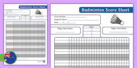 Badminton Scoresheet Template Printable Download Resource