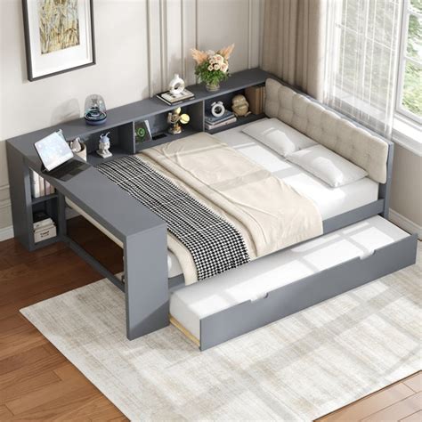 Wood Full Size Platform Bed With Storage Shelves Trundle Charging St