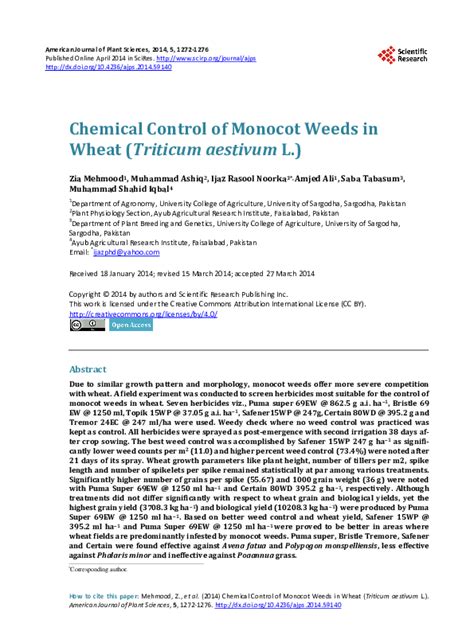 Pdf Chemical Control Of Monocot Weeds In Wheat Triticum Aestivum L