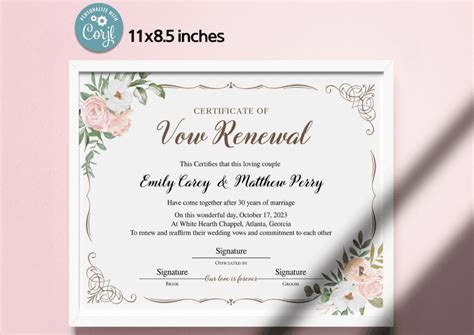 Vow Renewal Certificate Template Printable And Editable Keepsake For Couples