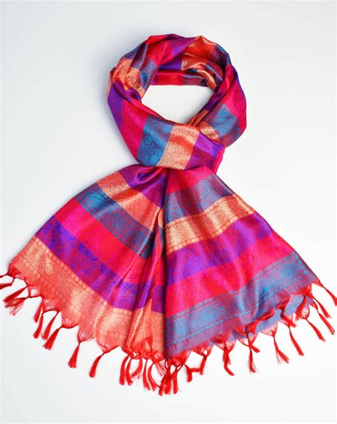 Rot Blauer Seidenschal Boho Schals Gestreifter Seidenschal Etsy De