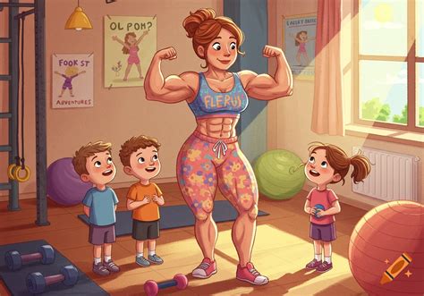 A Cartoon Strong Mother With Exaggerated Muscles Flexes In A Gym While