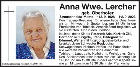 Traueranzeigen Von Anna Lercher Trauerbz