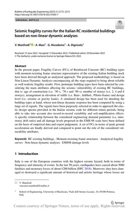 Seismic Fragility Curves For The Italian Rc Residential Buildings Based On Non Linear Dynamic