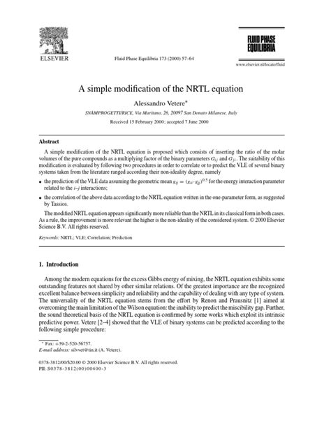 A Simple Modification Of The Nrtl Equation Pdf Chemistry Physical
