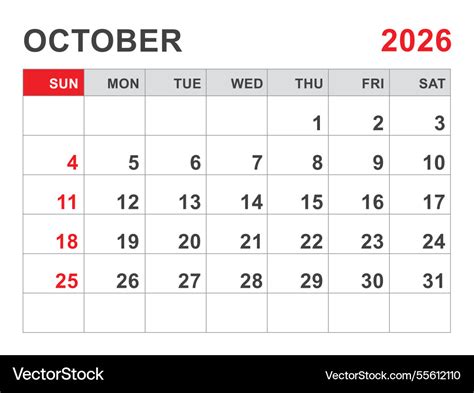 Calendar 2026 Template October 2026 Layout Vector Image